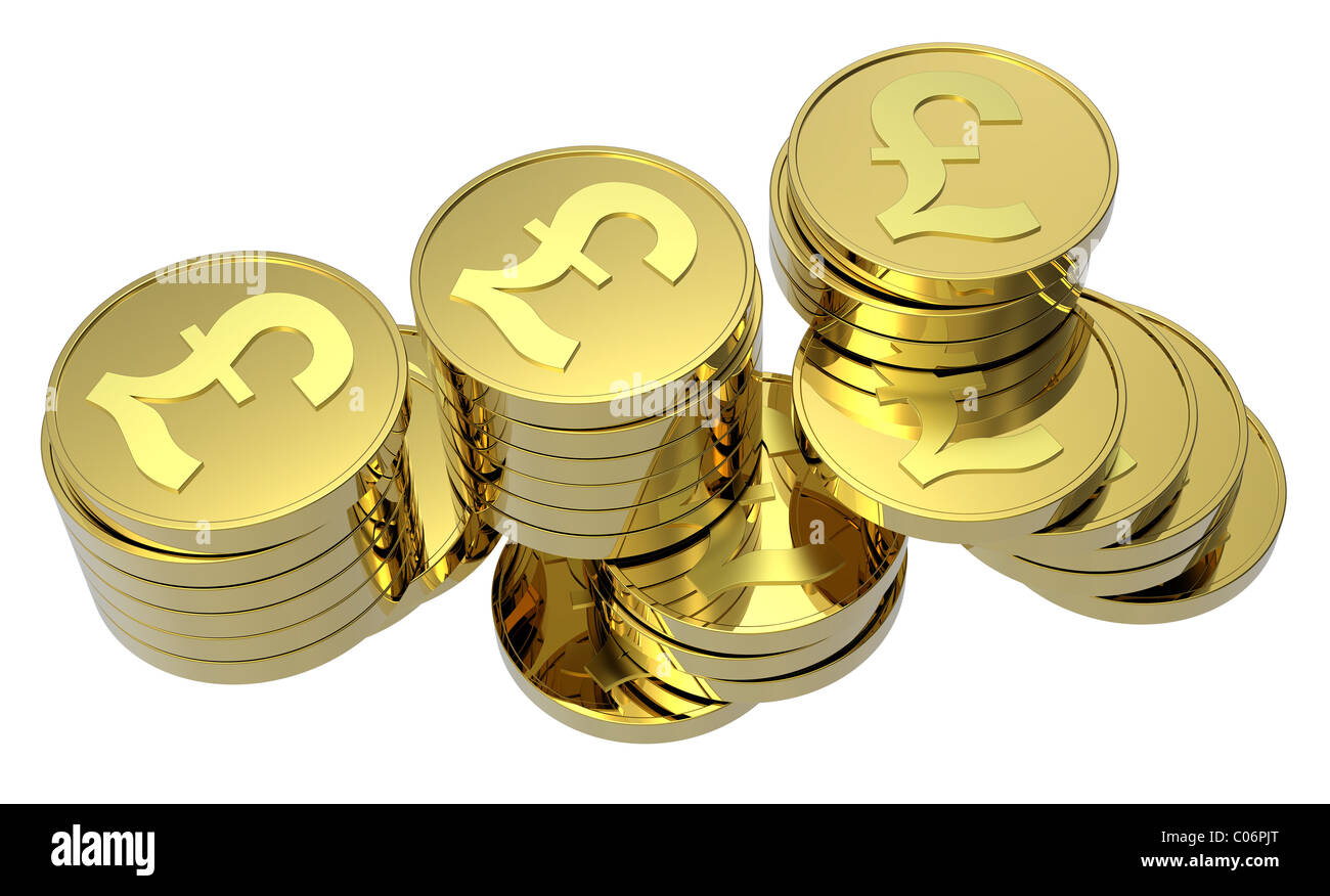 Stacks of gold Pound coins isolated on a white background Stock Photo ...