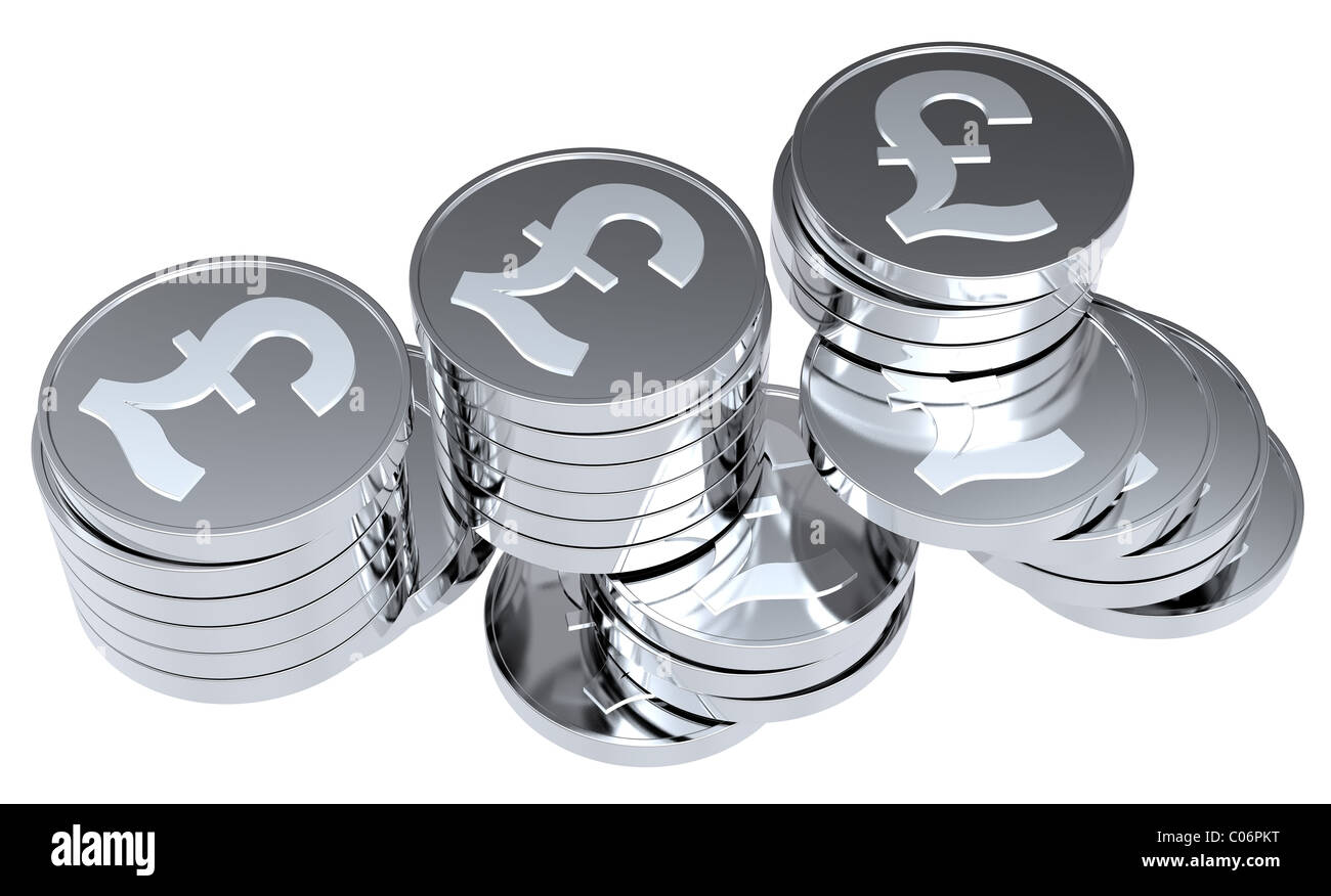 Stacks of silver Pound coins isolated on a white background Stock Photo ...