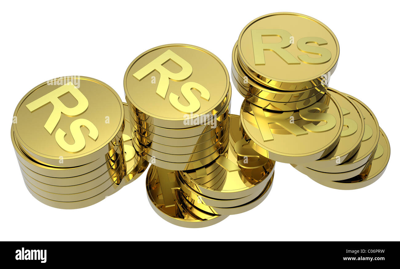 Stacks of gold rupee coins isolated on a white background Stock Photo ...