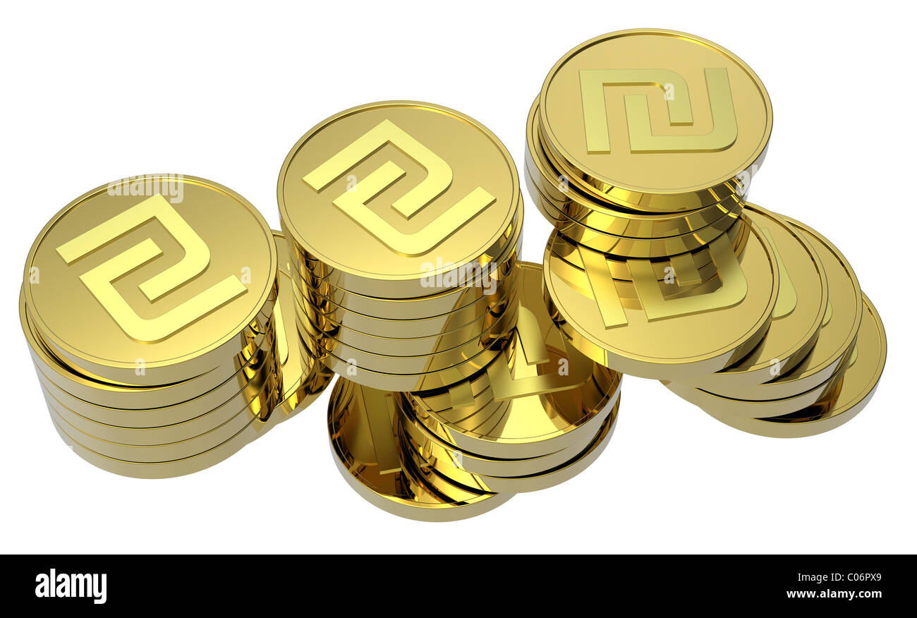 Stacks of gold Shekel coins isolated on a white background Stock Photo ...