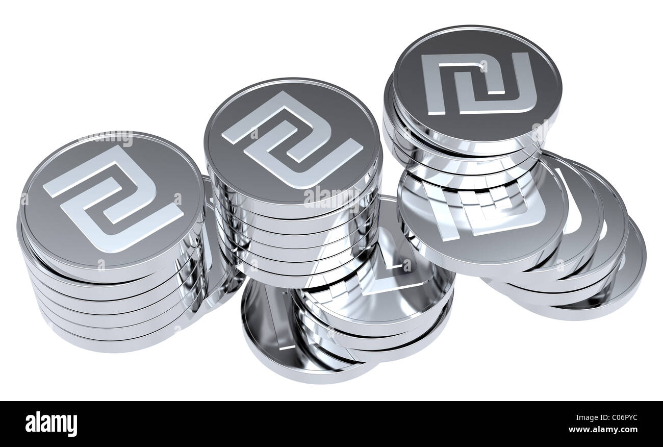 Stacks of silver Shekel coins isolated on a white background Stock ...