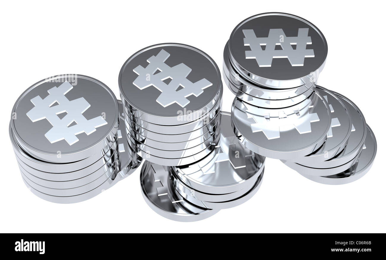 Stacks of silver won coins isolated on a white background Stock Photo ...