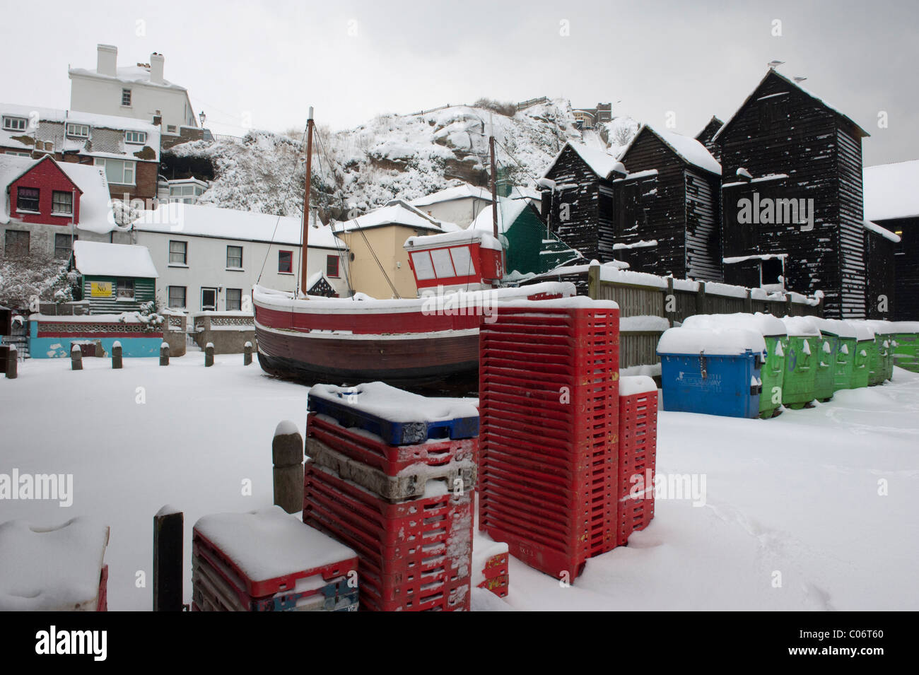 Winter snow scene of Rock-a-Nore Hastings East Sussex England Stock ...