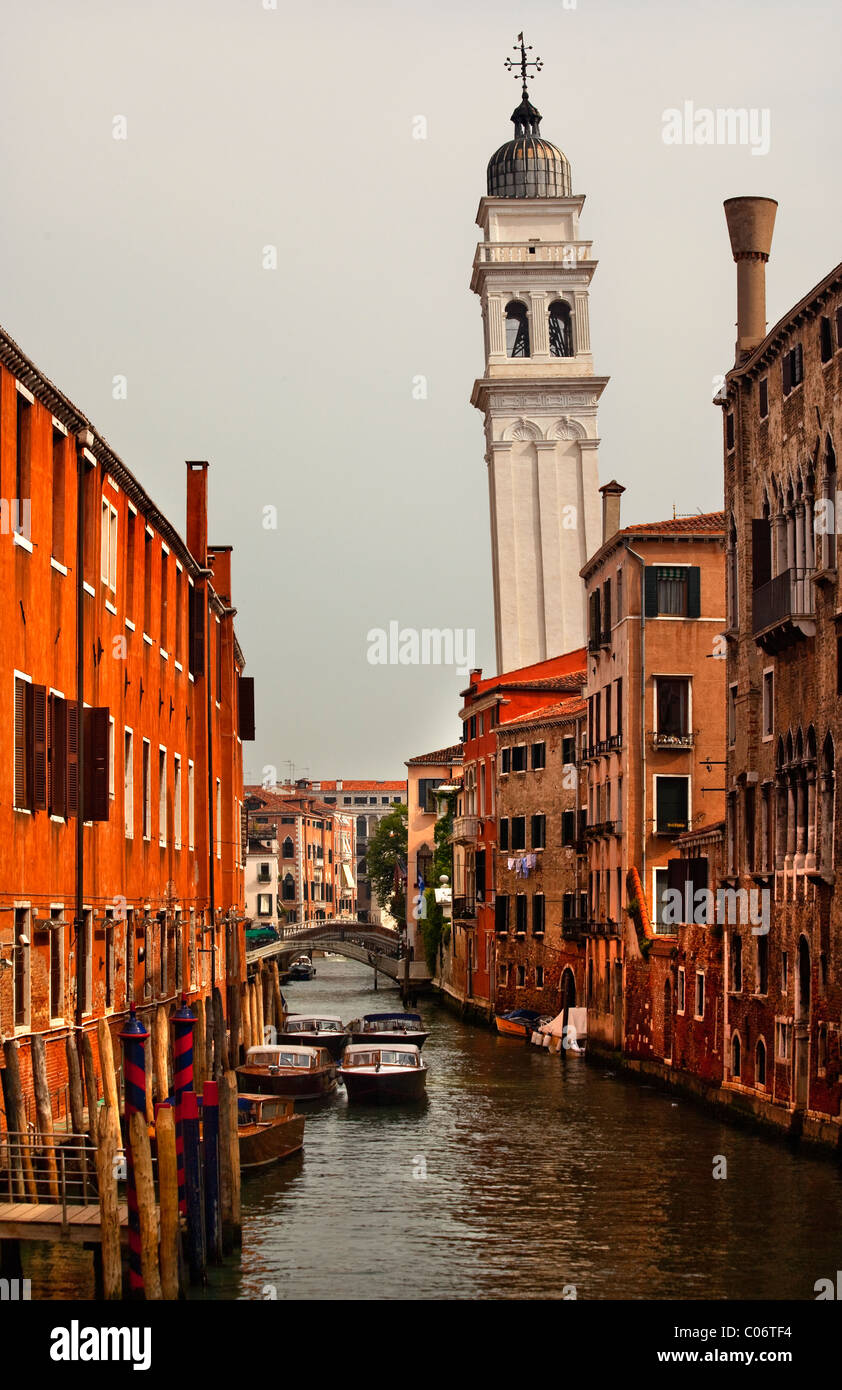 Side Canal Church Steeple Bridge Buildings Boats Reflections Venice ...