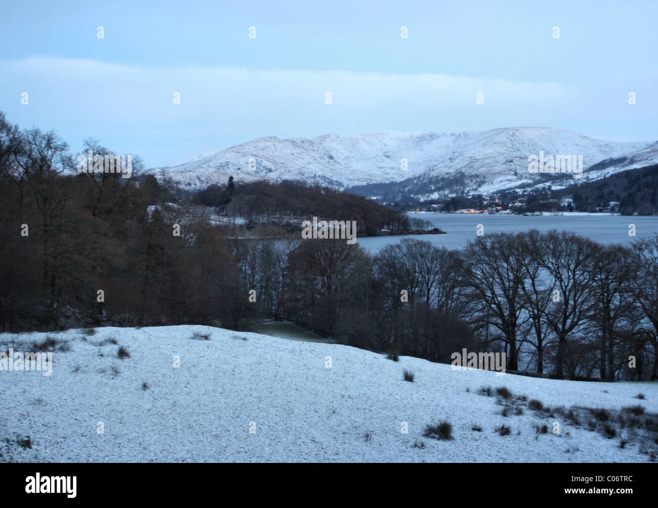 Early morning sun shining on snow covered Fairfield Fells overlooking ...