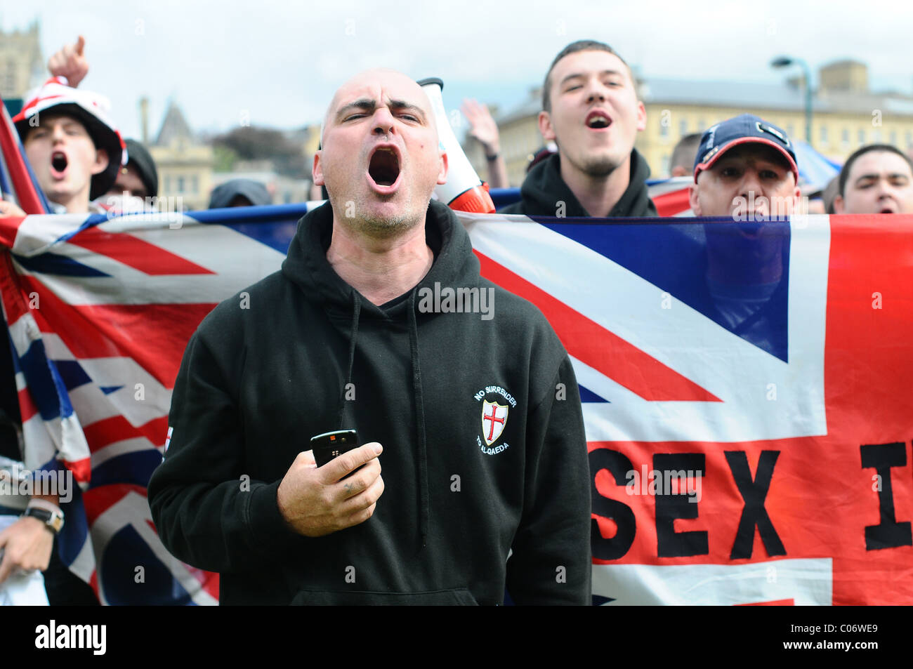 EDL supporter chants England songs at the UAF crowd Stock Photo - Alamy