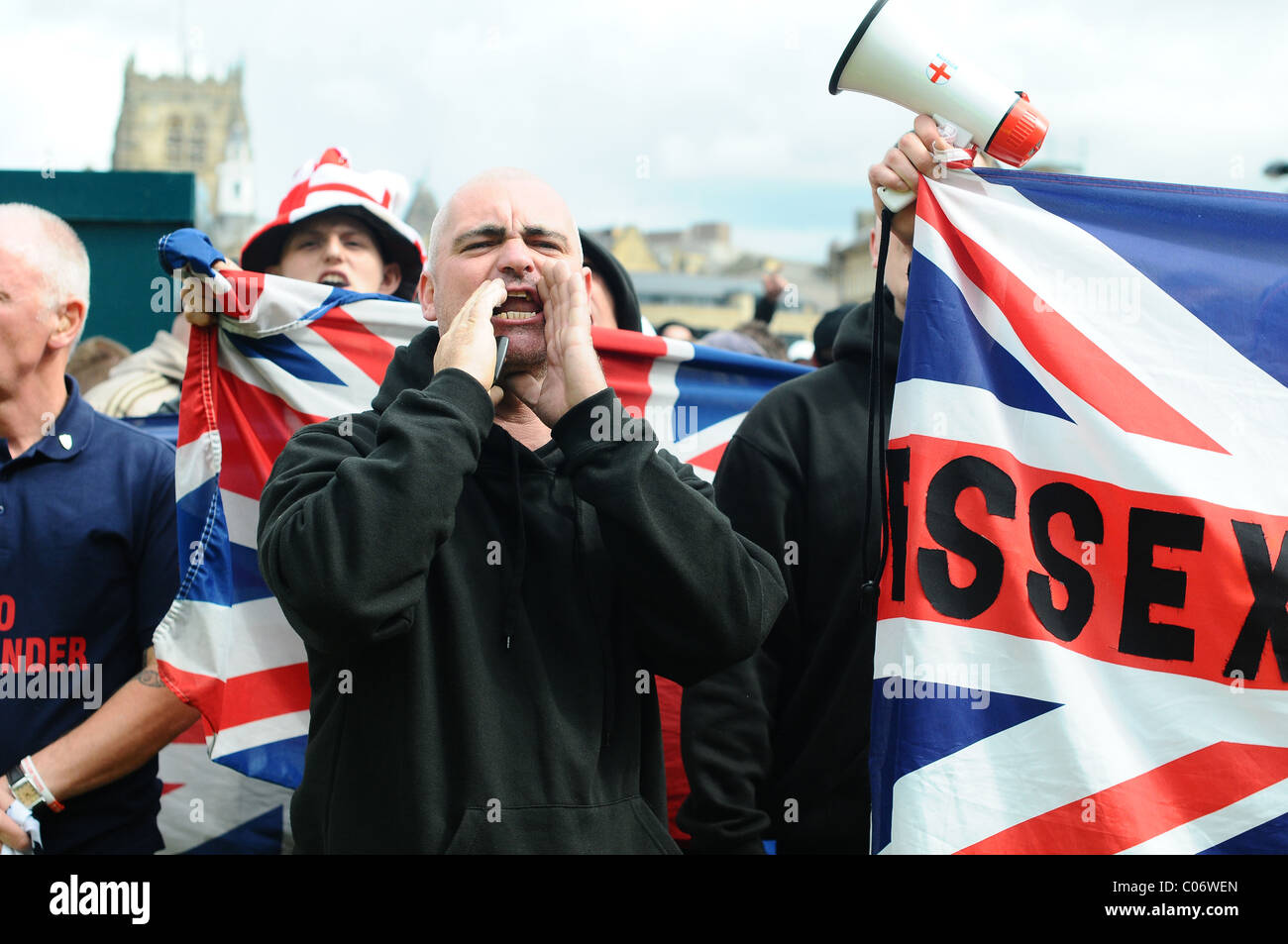 EDL supporter chants England songs at the UAF crowd Stock Photo - Alamy
