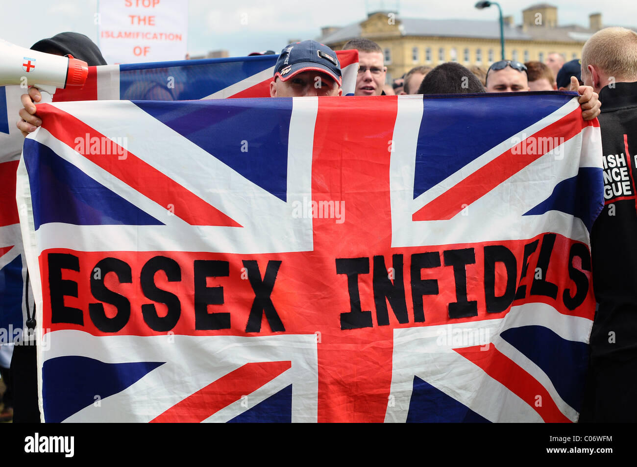 EDL Essex supporters raise the England Flag for there cause Stock Photo ...