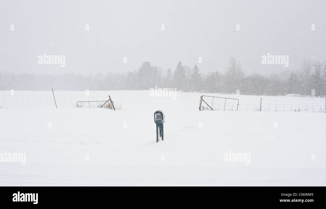 Farm fence and winter snow covered field in Eastern Canada Stock Photo ...