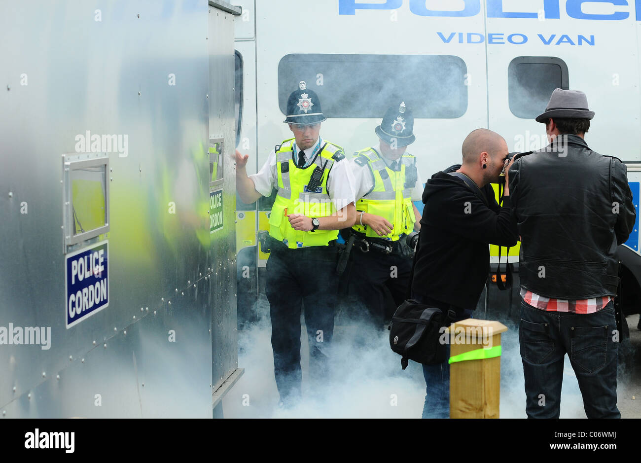 Gas canister thrown by the EDL supporters next to where the police and ...