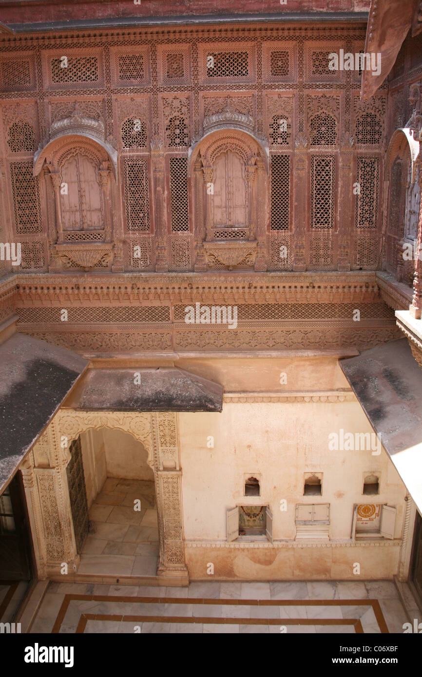 Terracotta latticed courtyard at Meherangarh Fort, Jodphur, Rajasthan ...
