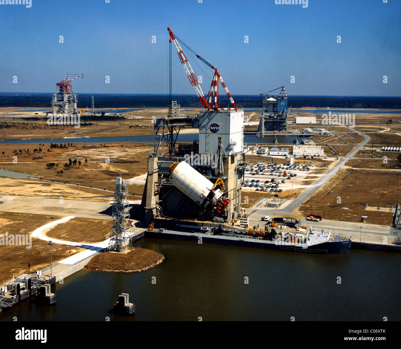 Saturn V moon rocket is hoisted onto the A-2 test stand in 1967 at the ...