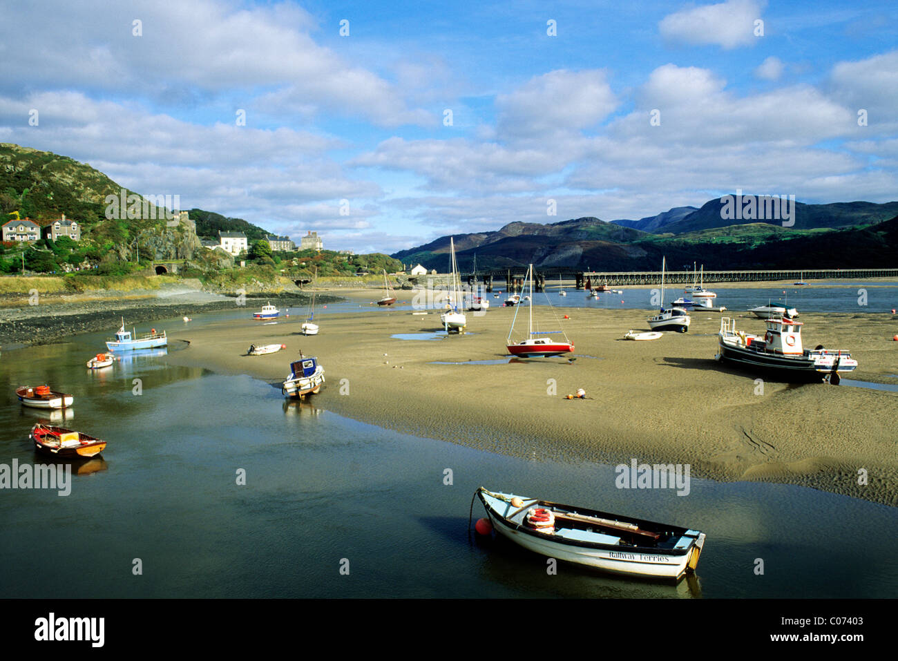 Barmouth, Wales, River Mawwdach estuary, boat boats sand sandy Welsh ...