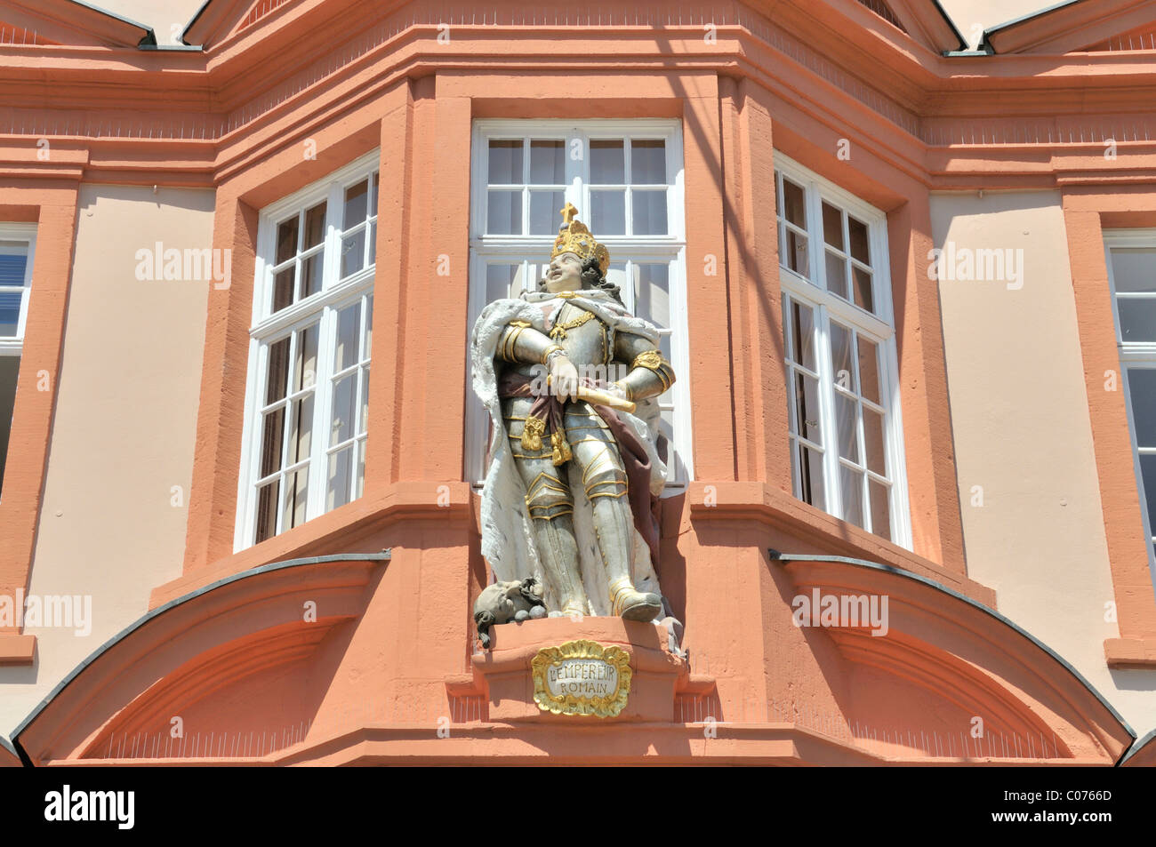 Kaiser figure at the portal of the Gutenberg Museum, Mainz, Rhineland ...