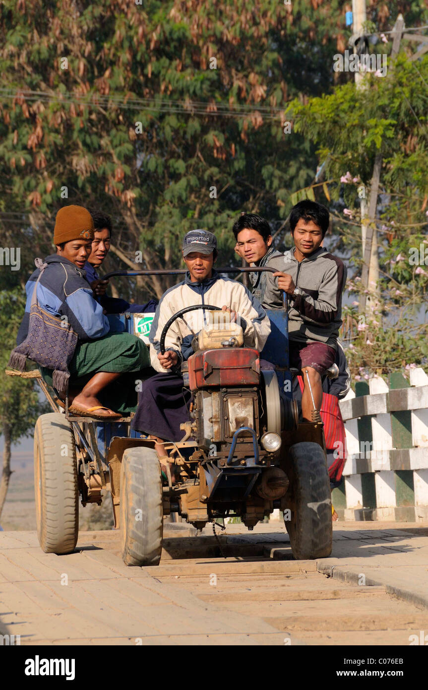 Farmers on a small tractor returning from the fields, Nyaung Shwe, Inle ...