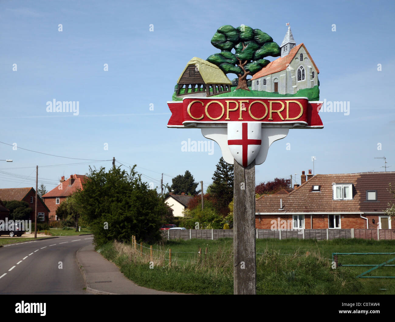 Copford village sign Stock Photo - Alamy