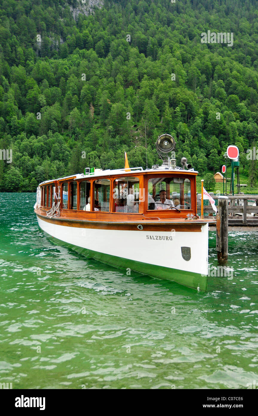 Electric boat "Salzburg" of the Koenigssee-Schifffahrt line at the pier ...