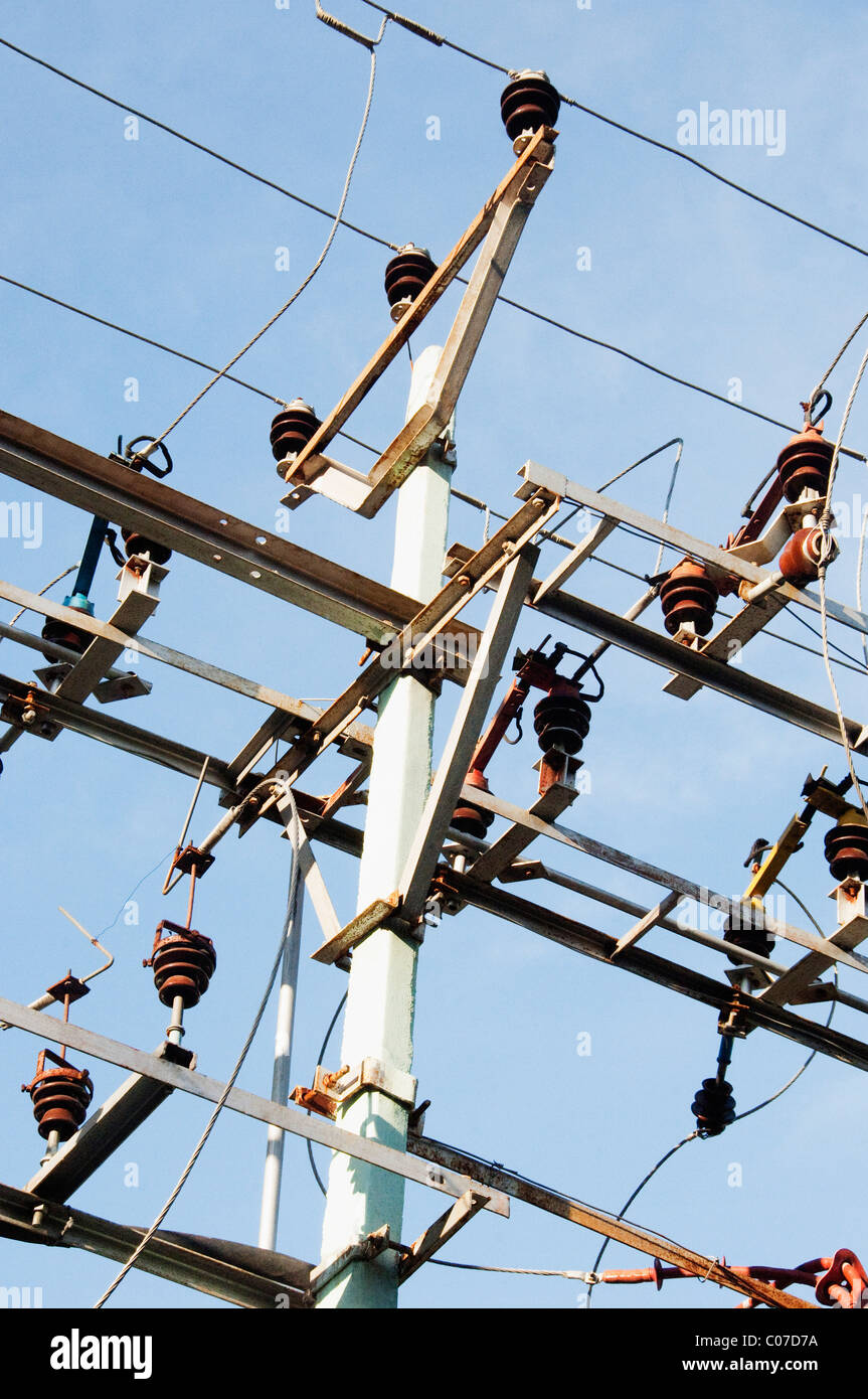 Low angle view of an electricity pylon, Tirupati, Andhra Pradesh, India ...