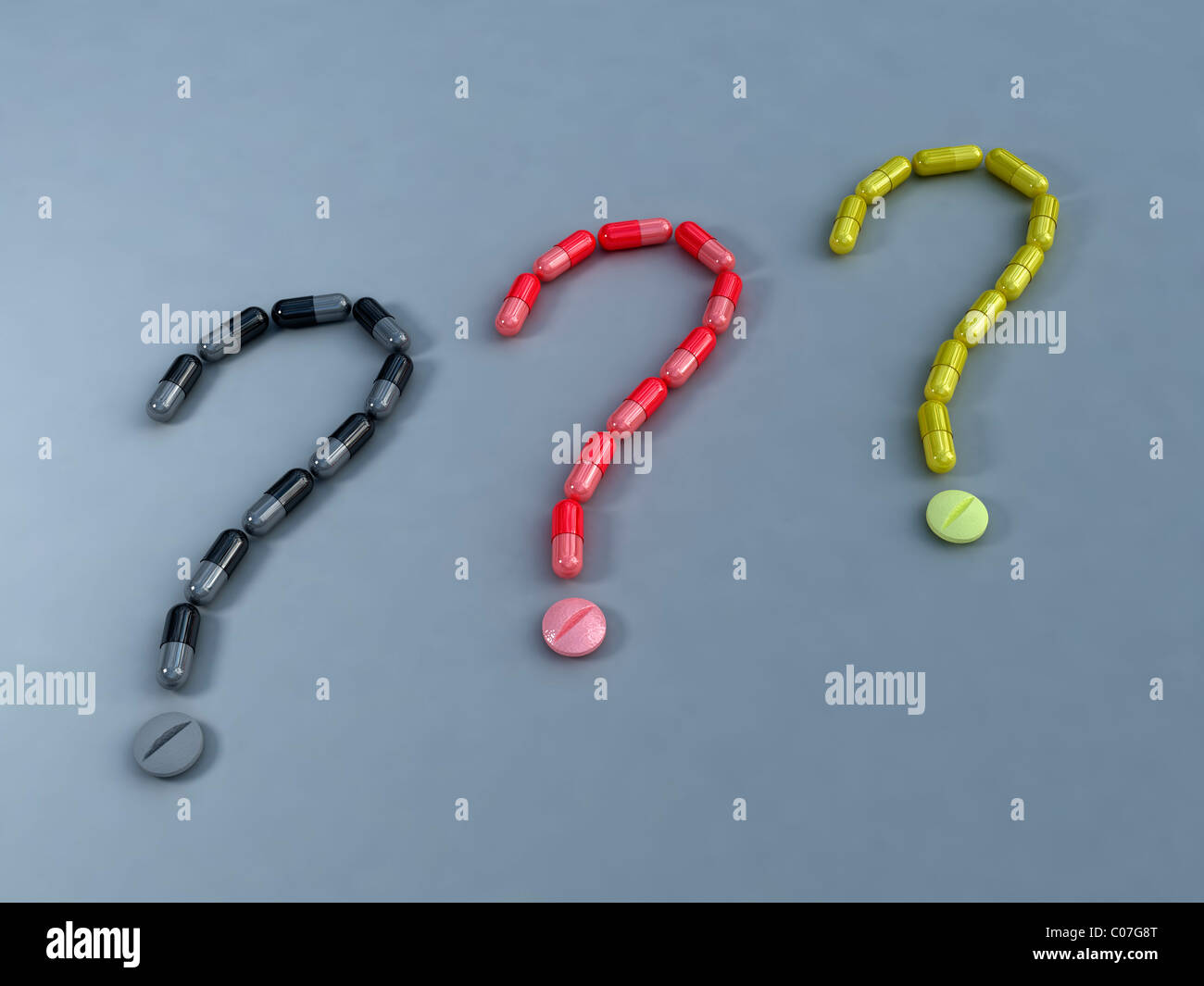 3d graphics, capsules and tablets form three question marks, symbolic ...