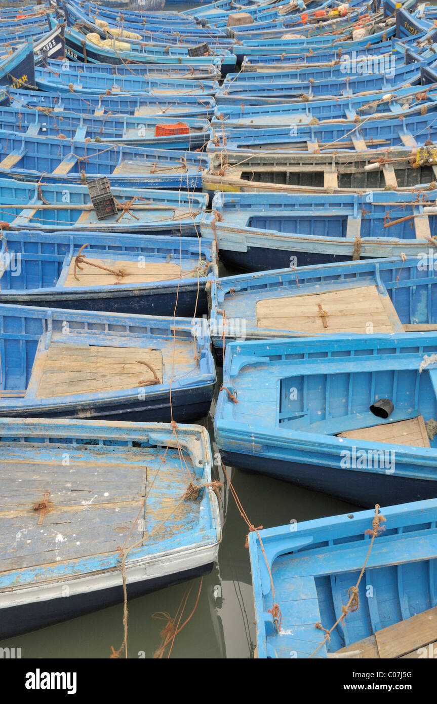 Blue fishing boats in the harbour, Essaouira, Morocco, Africa Stock ...