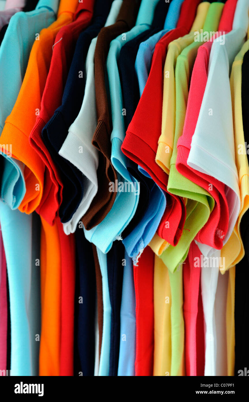 Row of colorful multi color colored polo shirts on sale stall petaling ...