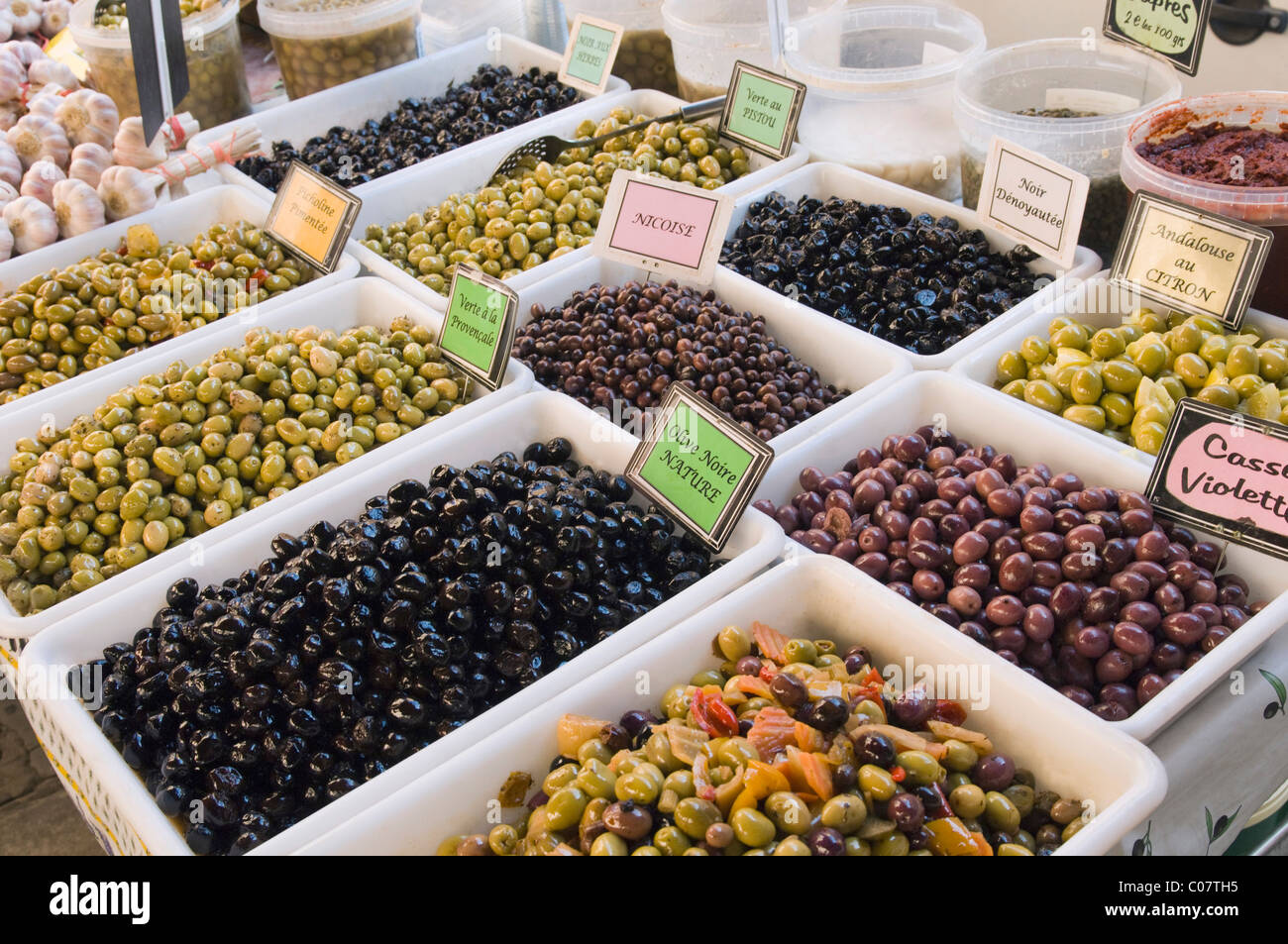 Different olives on the market, Ile Rousse, Balagne, Corsica, France ...