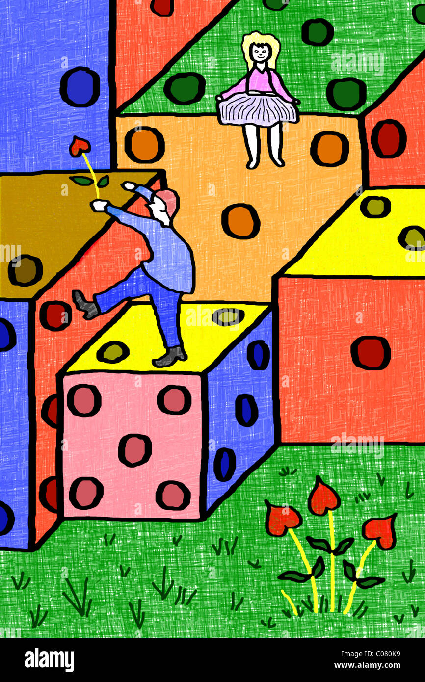 Cartoon on the chance of a loving encounter symbolized by dice Stock ...