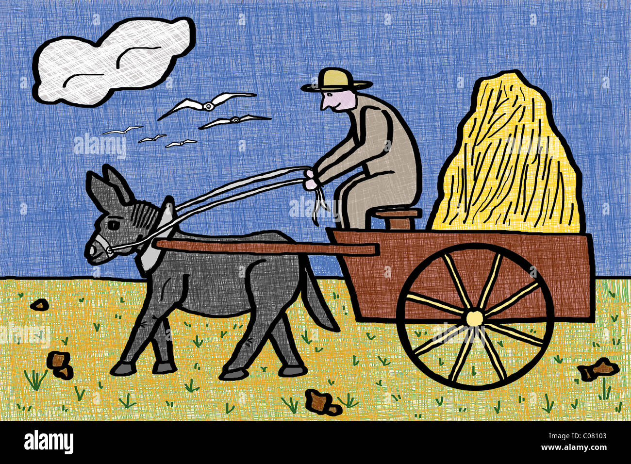 Drawing of peasant bringing straw in a cart pulled by a donkey Stock ...