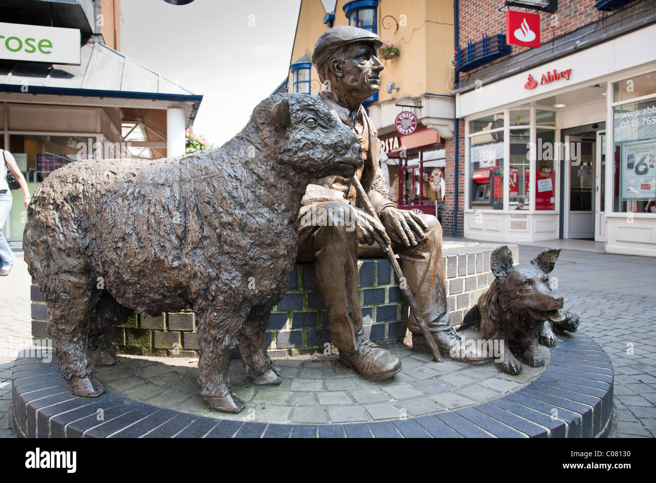 Bronze statue of a sheep farmer with sheep and dog in Petersfield ...