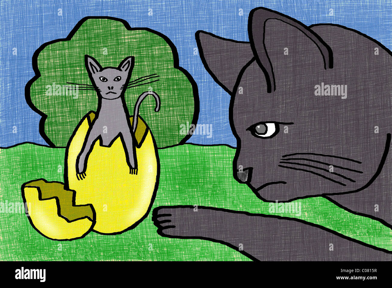 Cartoon of cat born from an egg near his mother Stock Photo - Alamy