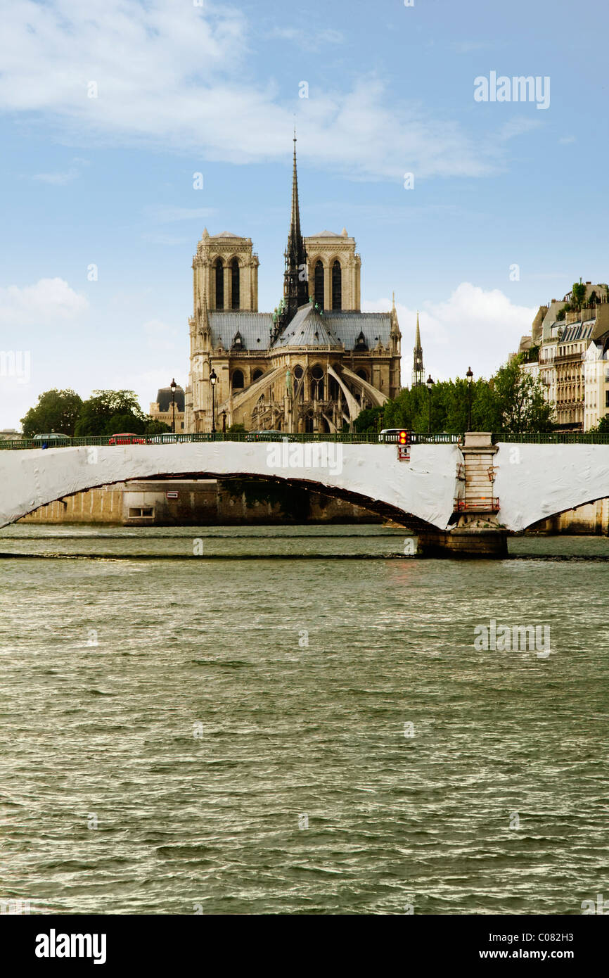 Bridge with a cathedral in the background, Notre Dame de Paris, Seine ...