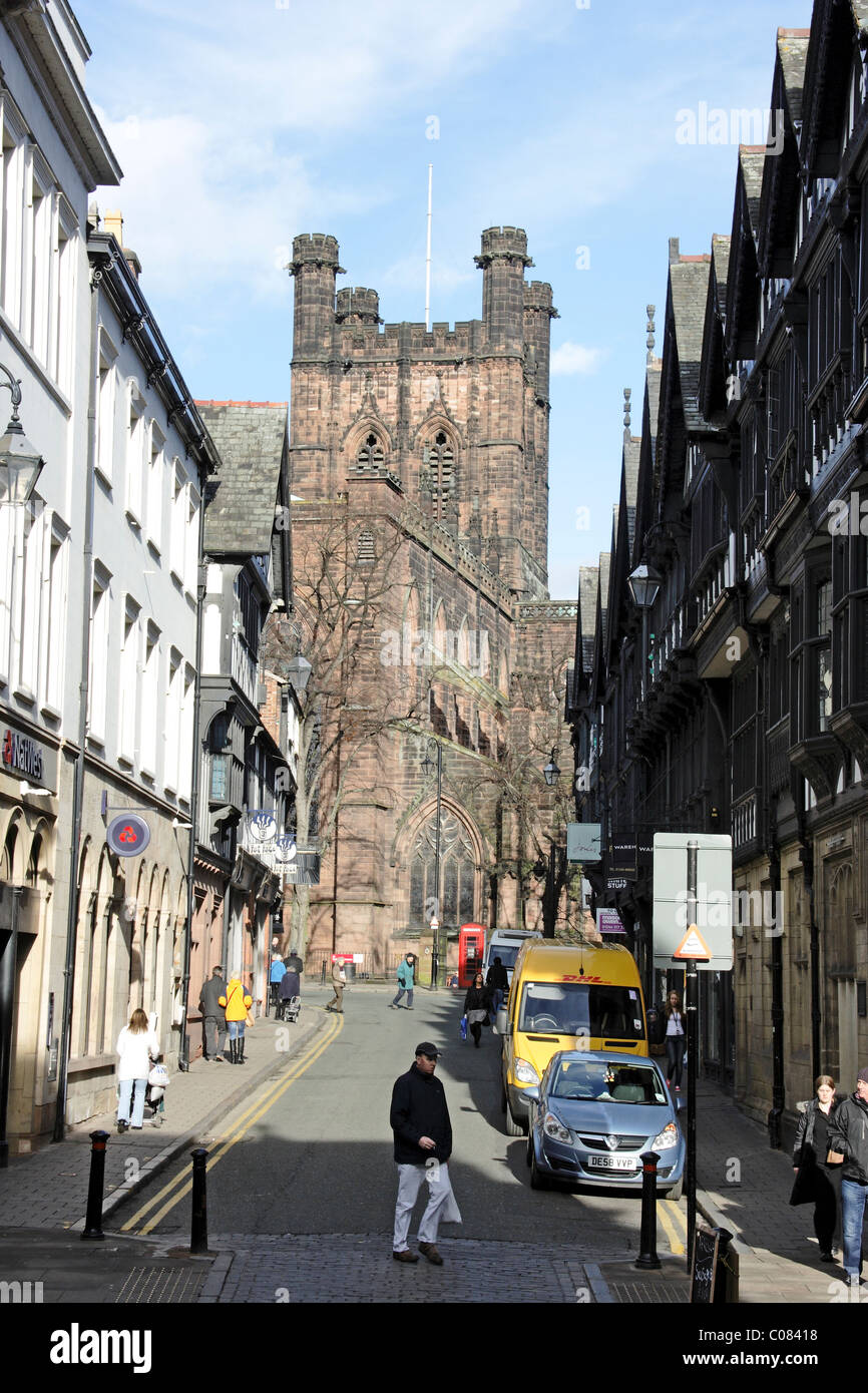 A view of Chester Cathedral at the end of a typical old street in ...