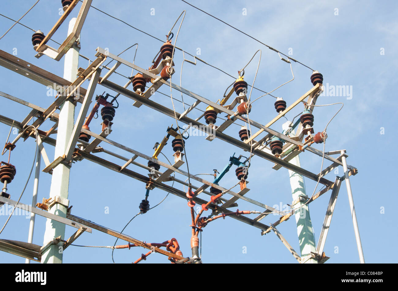 Low angle view of an electricity pylon, Tirupati, Andhra Pradesh, India ...