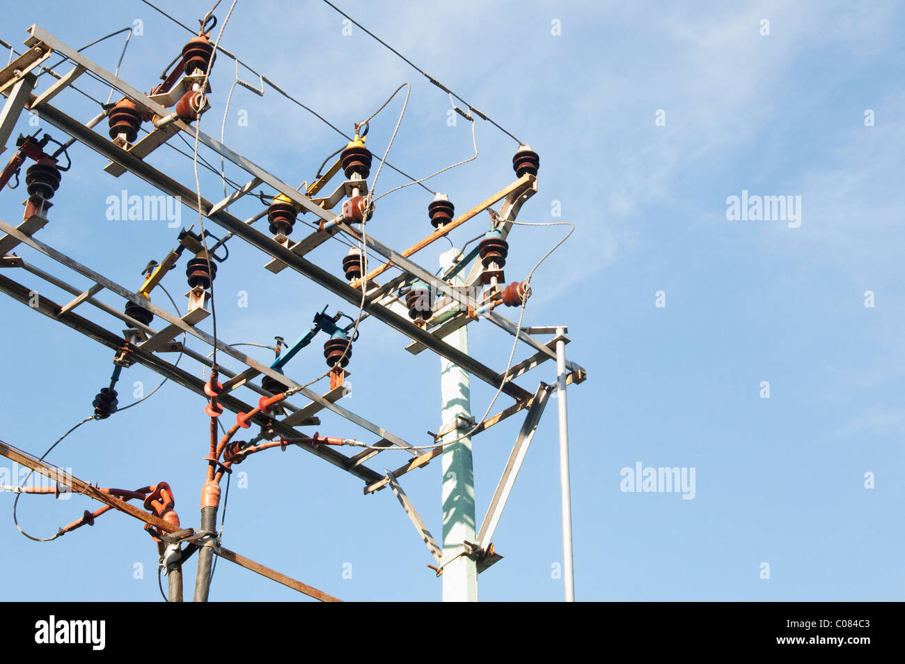 Low angle view of an electricity pylon, Tirupati, Andhra Pradesh, India ...