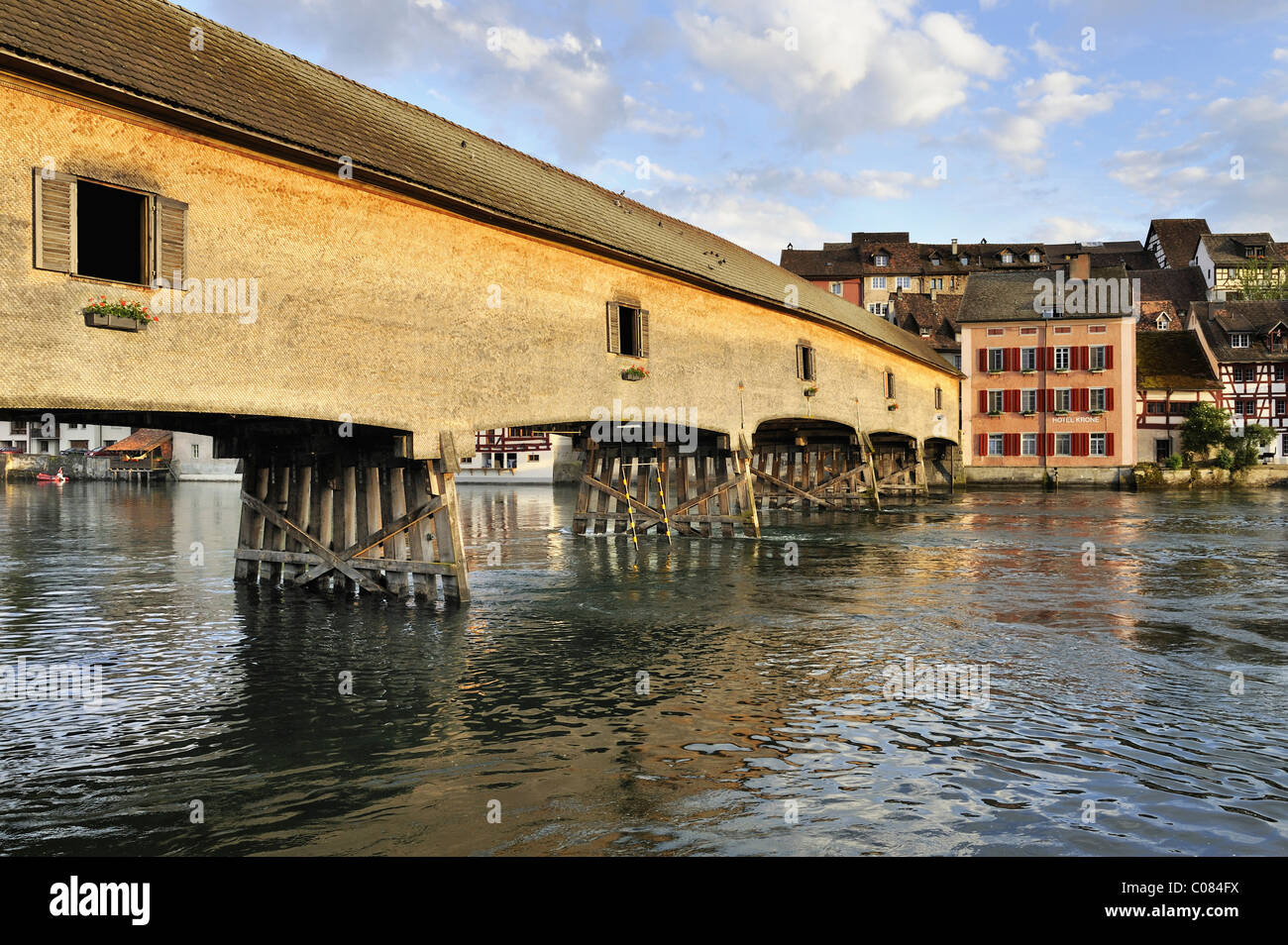 The historic wooden bridge over the Rhine was opened in 1816 and ...
