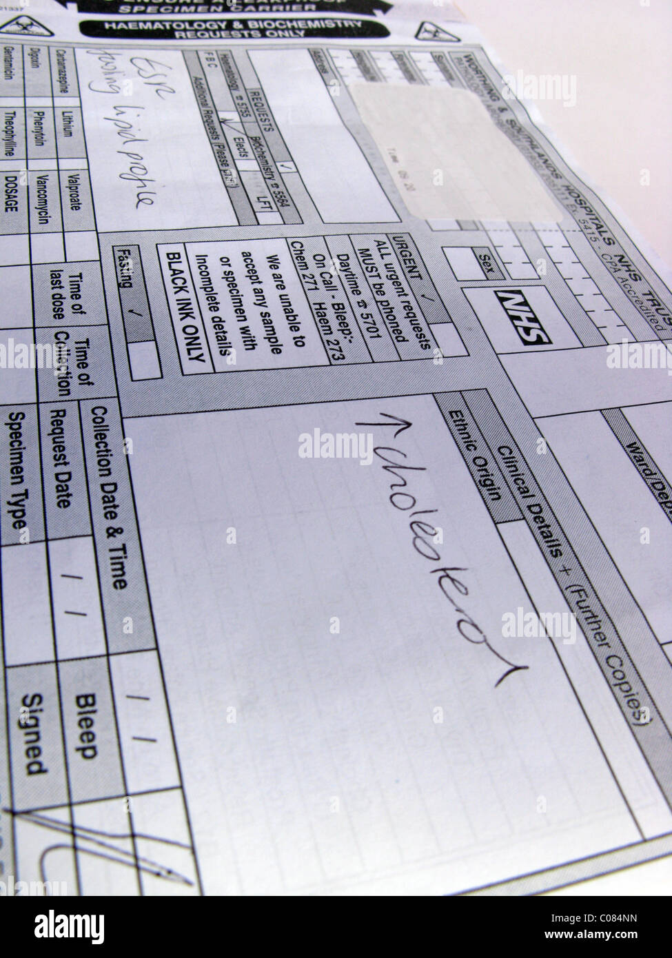 blood test information on a Haematology & Biochemistry request form ...