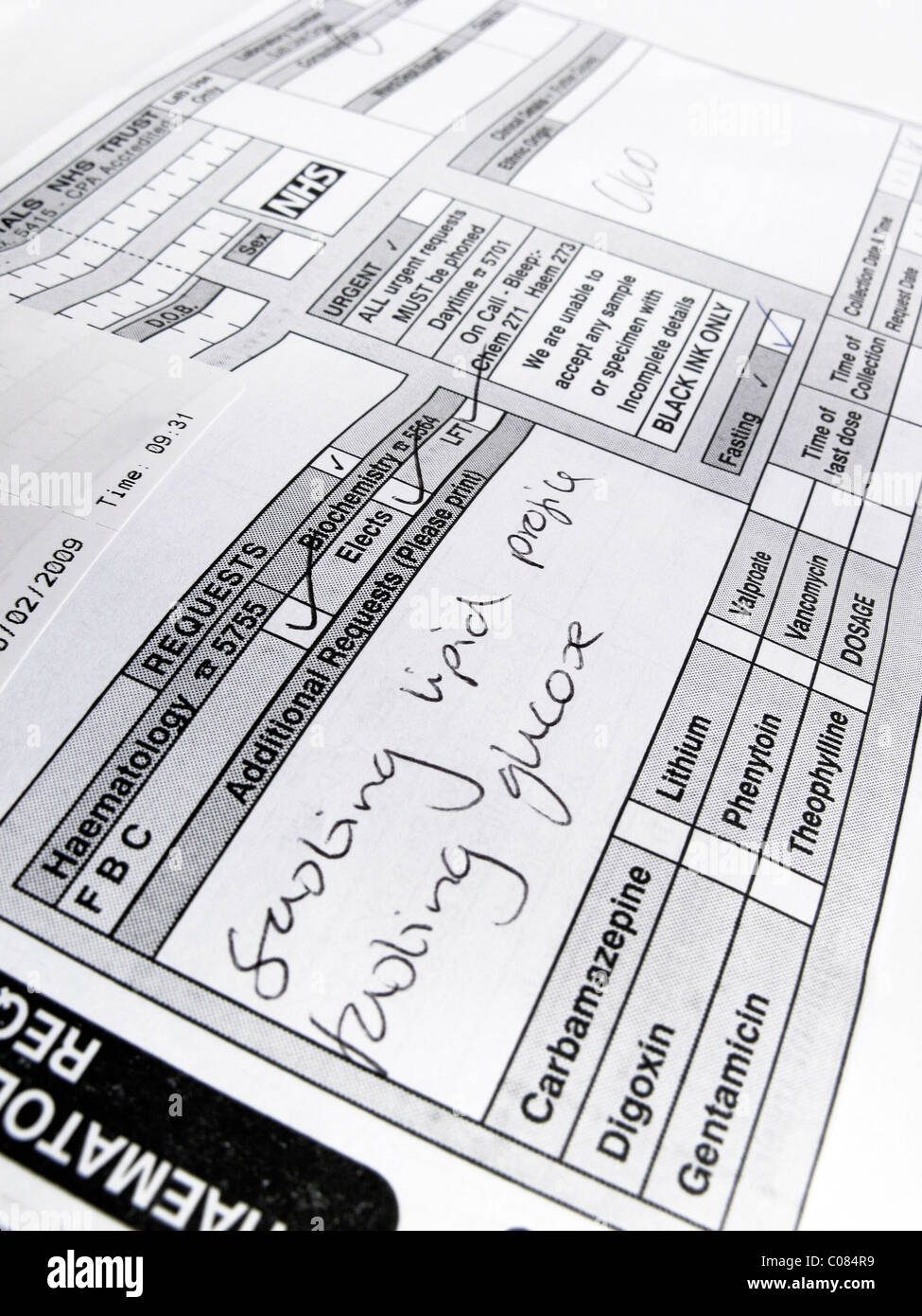 blood test information on a Haematology & Biochemistry request form ...