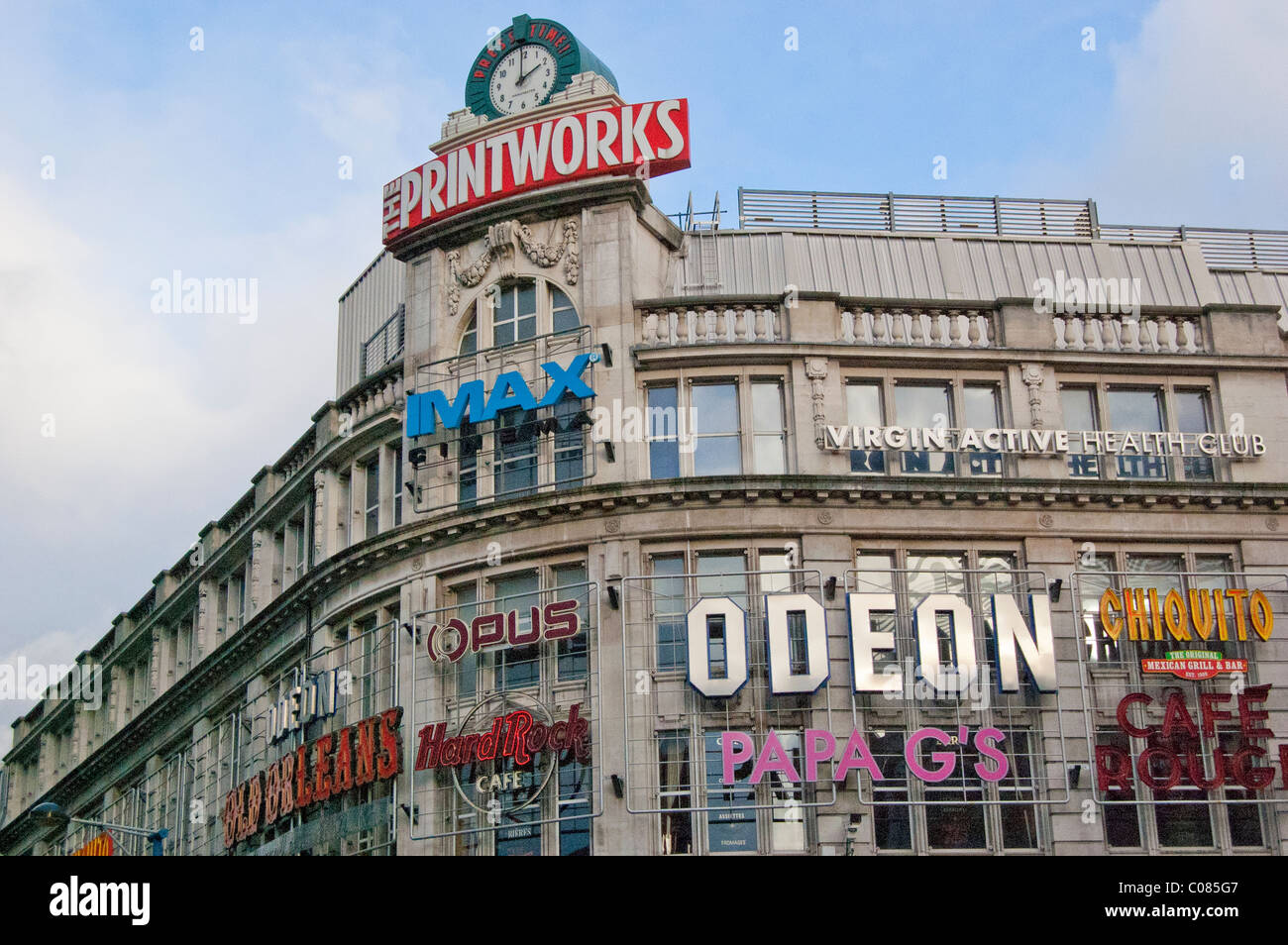 A selection of signs on the side of the Printworks building in ...