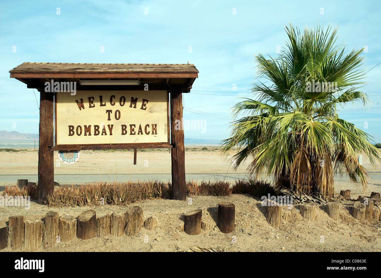 Sign at the entrance to the desert community of Bombay Beach, Salton ...