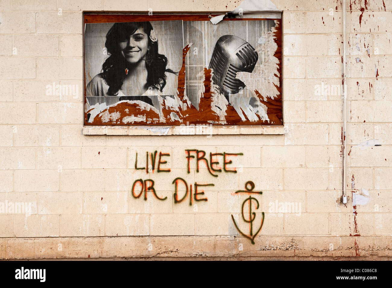 Live Free Or Die graffiti on the wall of a derelict building on the ...