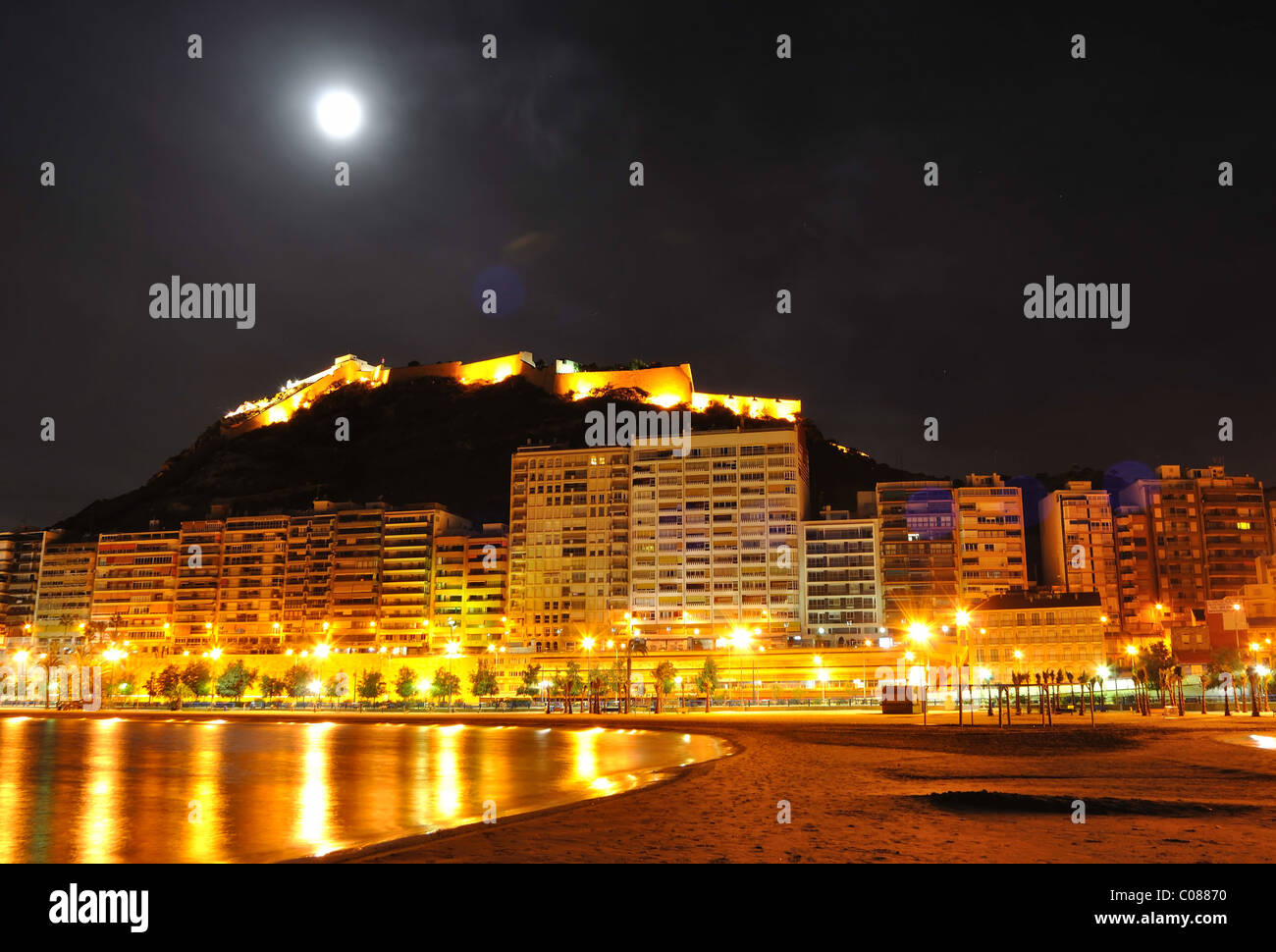Spain, Alicante at night with castle Stock Photo - Alamy