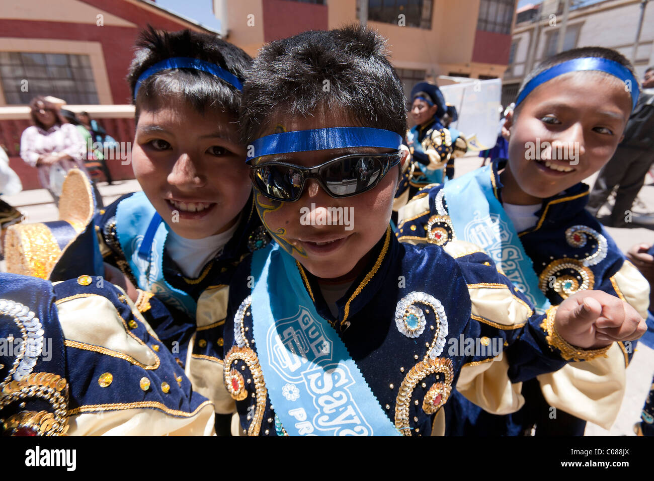 School boys in costume during the parade and celebrations for Puno Week ...