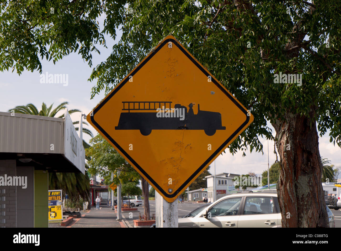 Warning Traffic Sign in New Zealand for a nearby fire station Stock ...