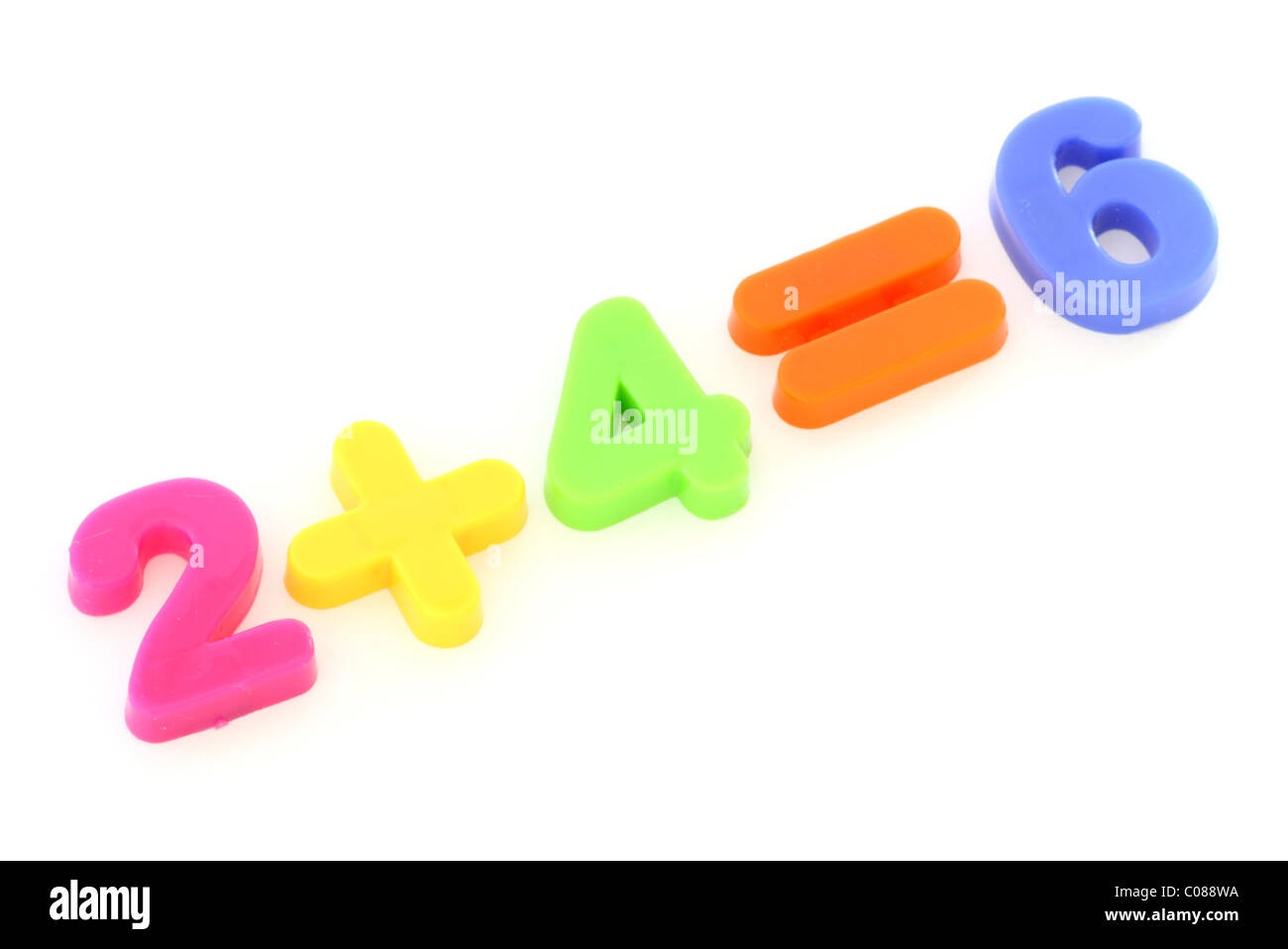 Numbers formed from plastic colourful toy digits on white background ...