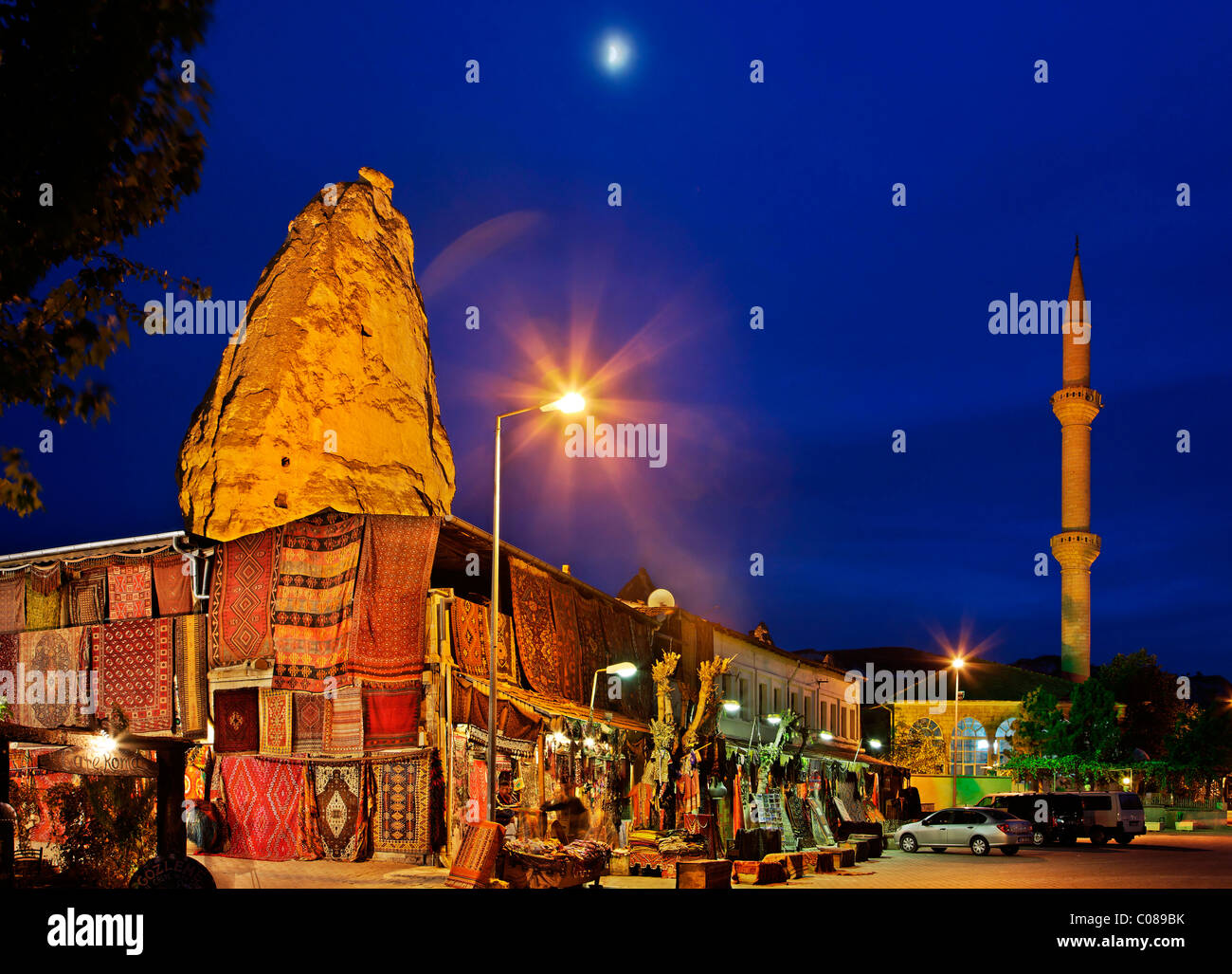 Goreme village in the heart of Cappadocia, in the "blue" hour. Nevsehir ...