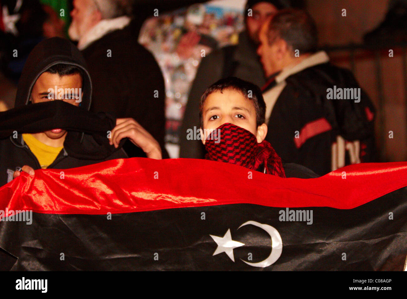 LONDON, UK. Outside the Libyan embassy a noisy crowd of around a few ...