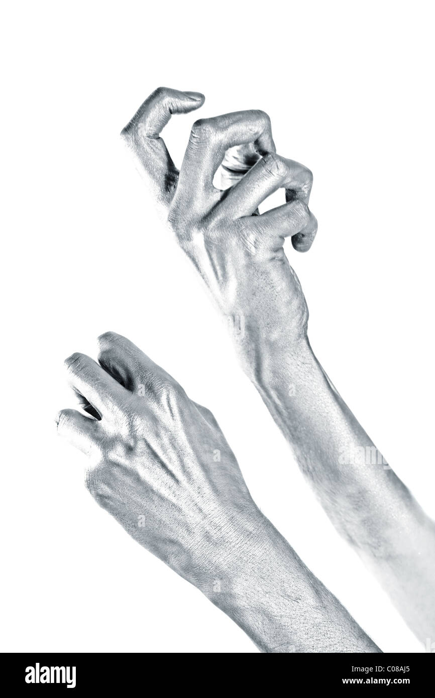 beautiful male hands in silver paint on a white background Stock Photo ...