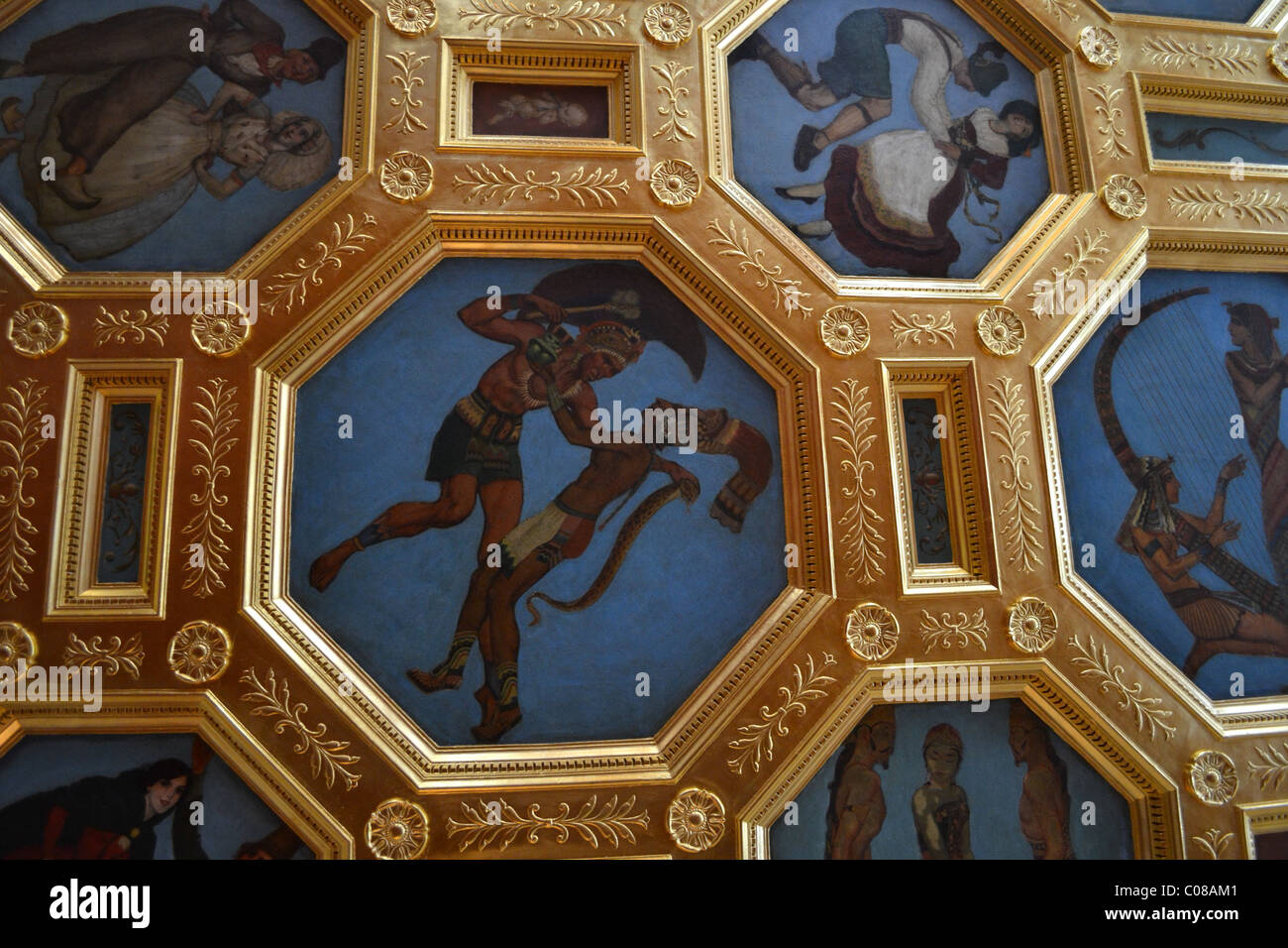 Painted, coffered ceiling with "Dancers of the Nations" in the ballroom ...