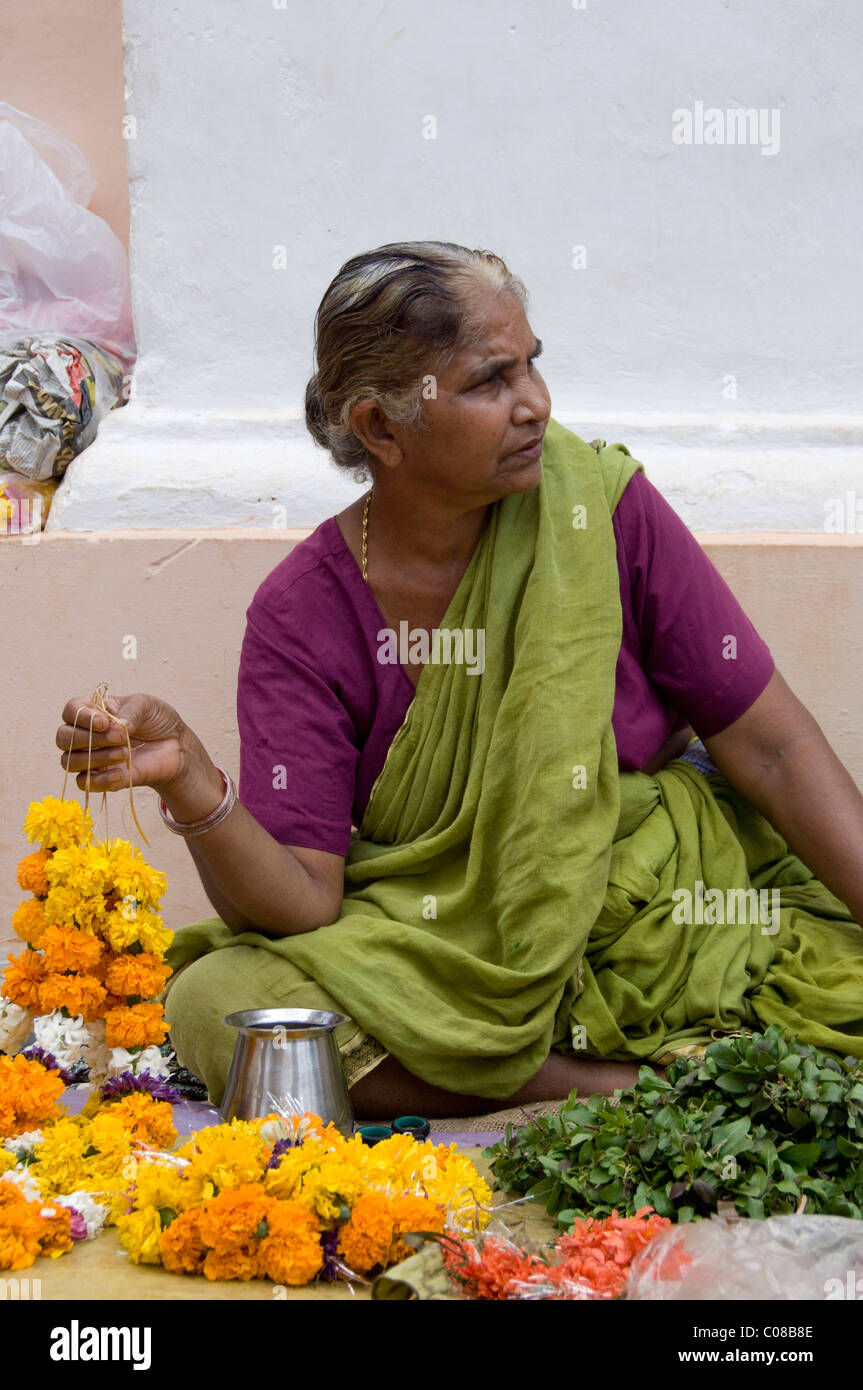India, Goa. Hindu Mahalsa Temple. Flower offerings for temple feast day ...