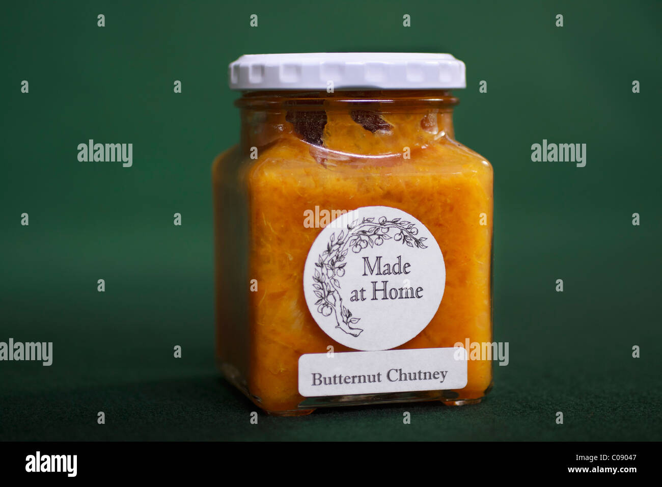 A jar of home made butternut chutney against a green background Stock ...